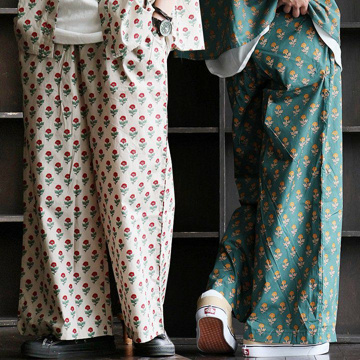 パンツ ワイド ストレート レディース セットアップ 花柄 プリント レトロ 綿100 コットン 薄手 通気性 軽い 涼しい ウエストゴム ...