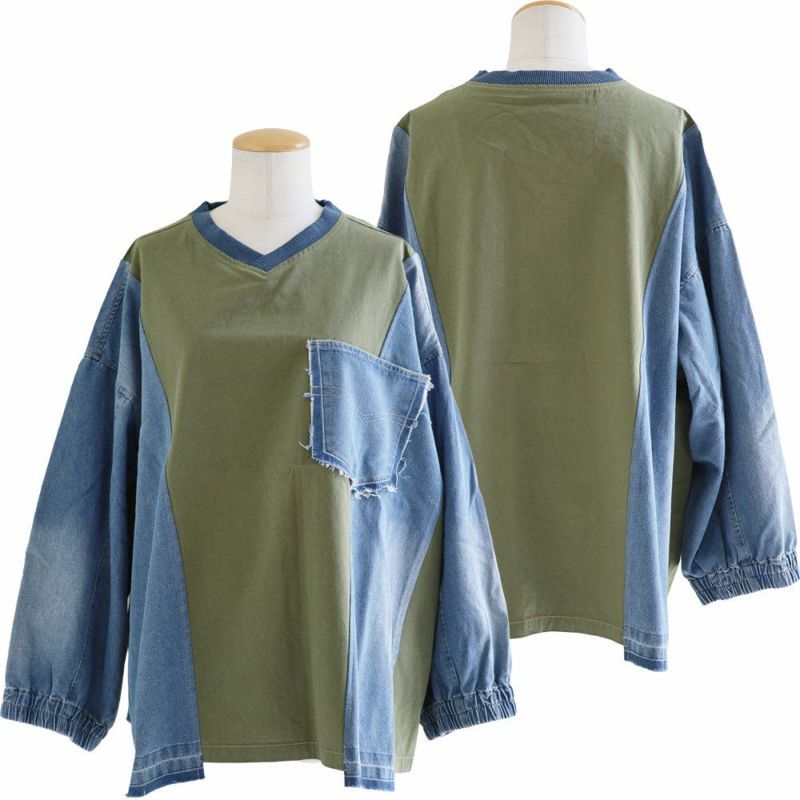 カットソー 長袖 レディース Vネック リメイク風 綿100 コットン